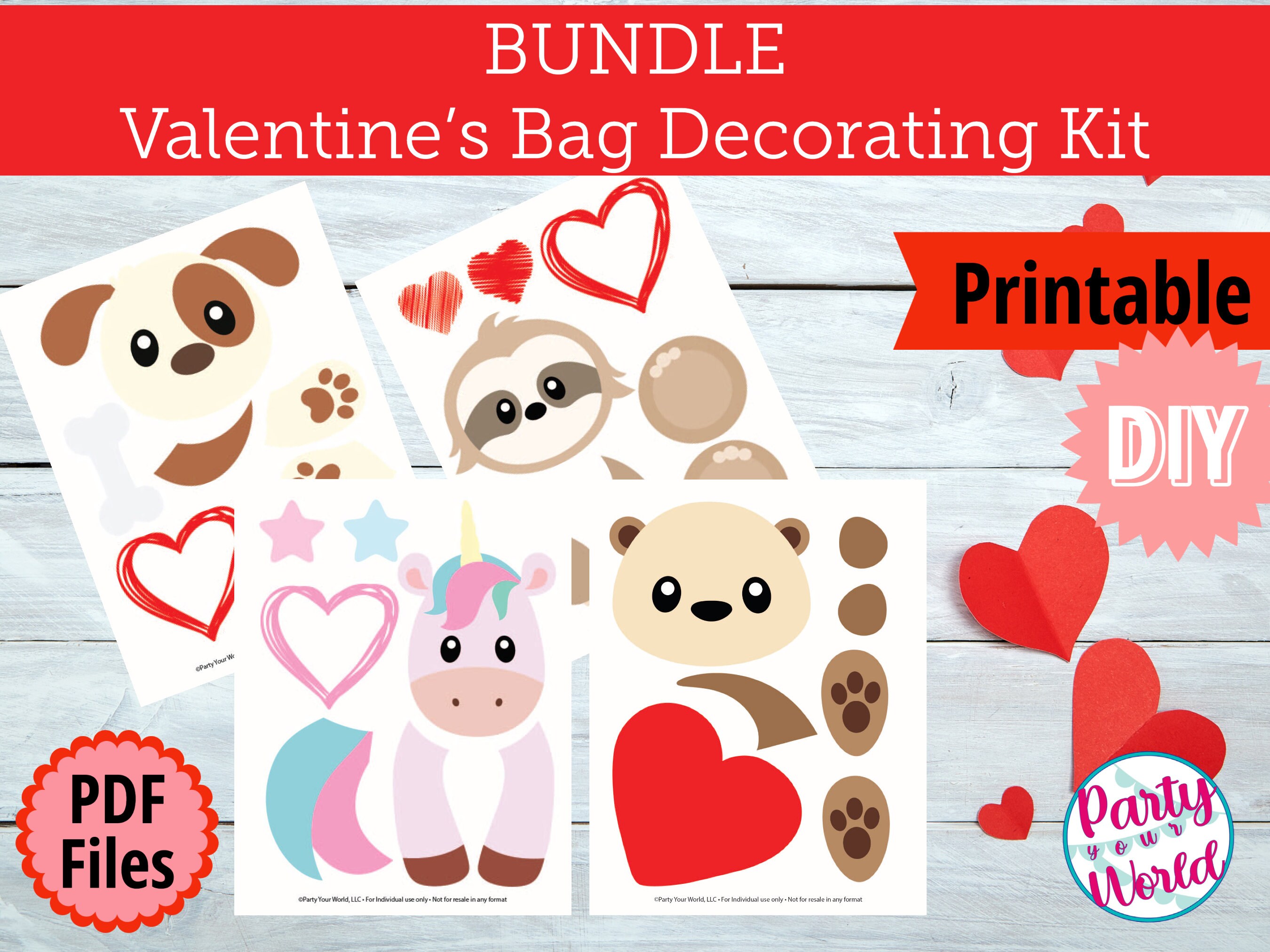 Printable Unicorn, Sloth, Otter and Puppy Valentine's Day Mailbox/bag ...