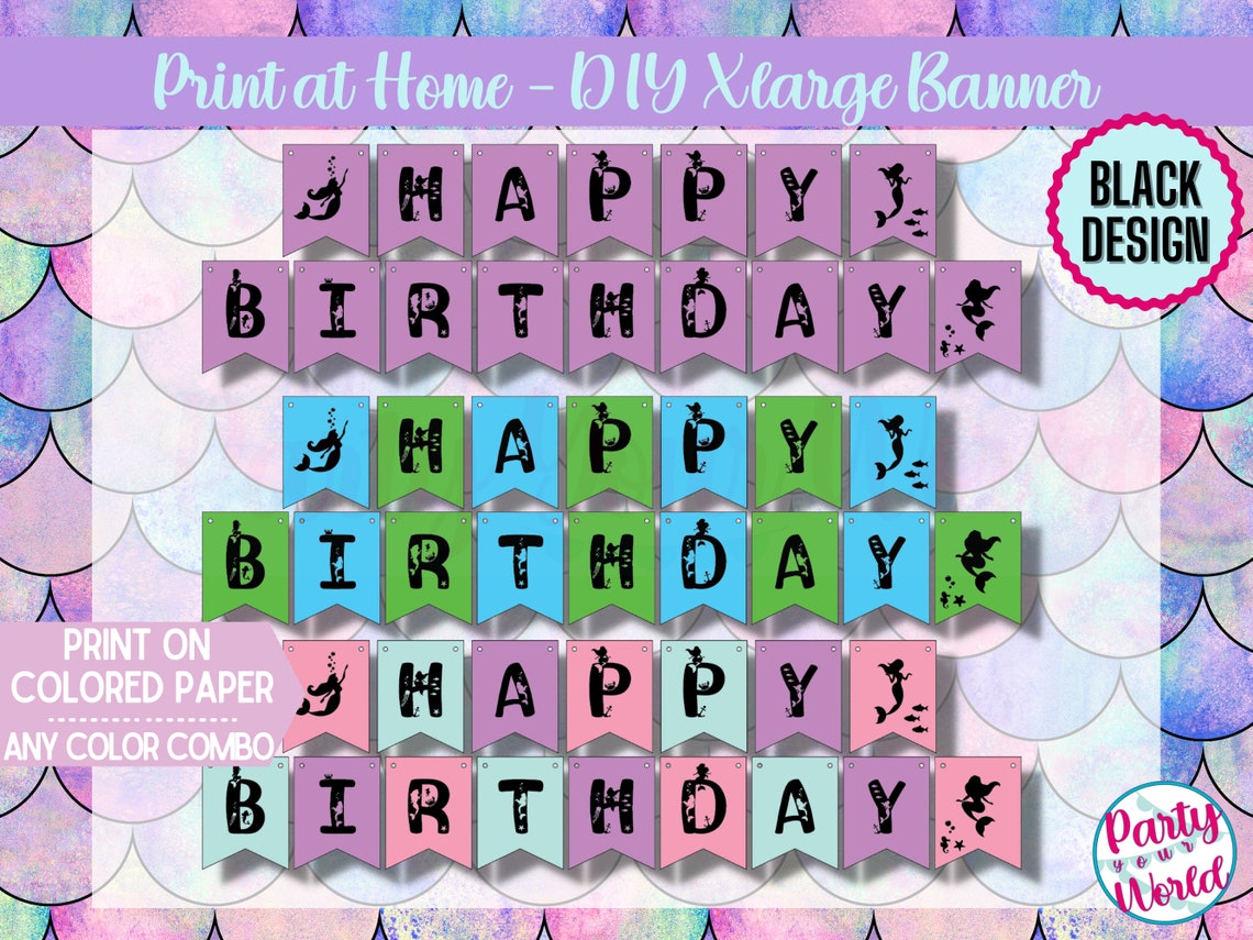 PRINTABLE Happy Birthday Mermaid Banner, Instant DIGITAL Mermaid Theme ...