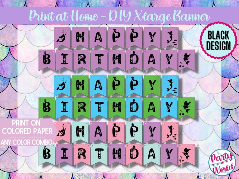 PRINTABLE Happy Birthday Mermaid Banner, Instant DIGITAL Mermaid Theme ...