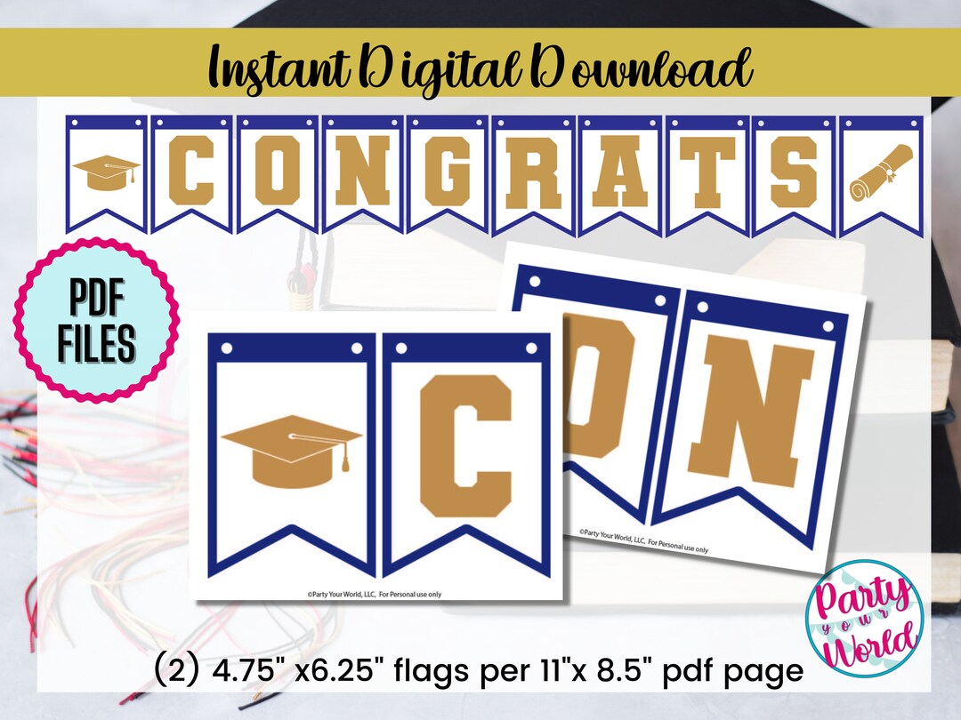 Printable DIY Blue and Gold congrats Graduation Banner, Instant Digital ...