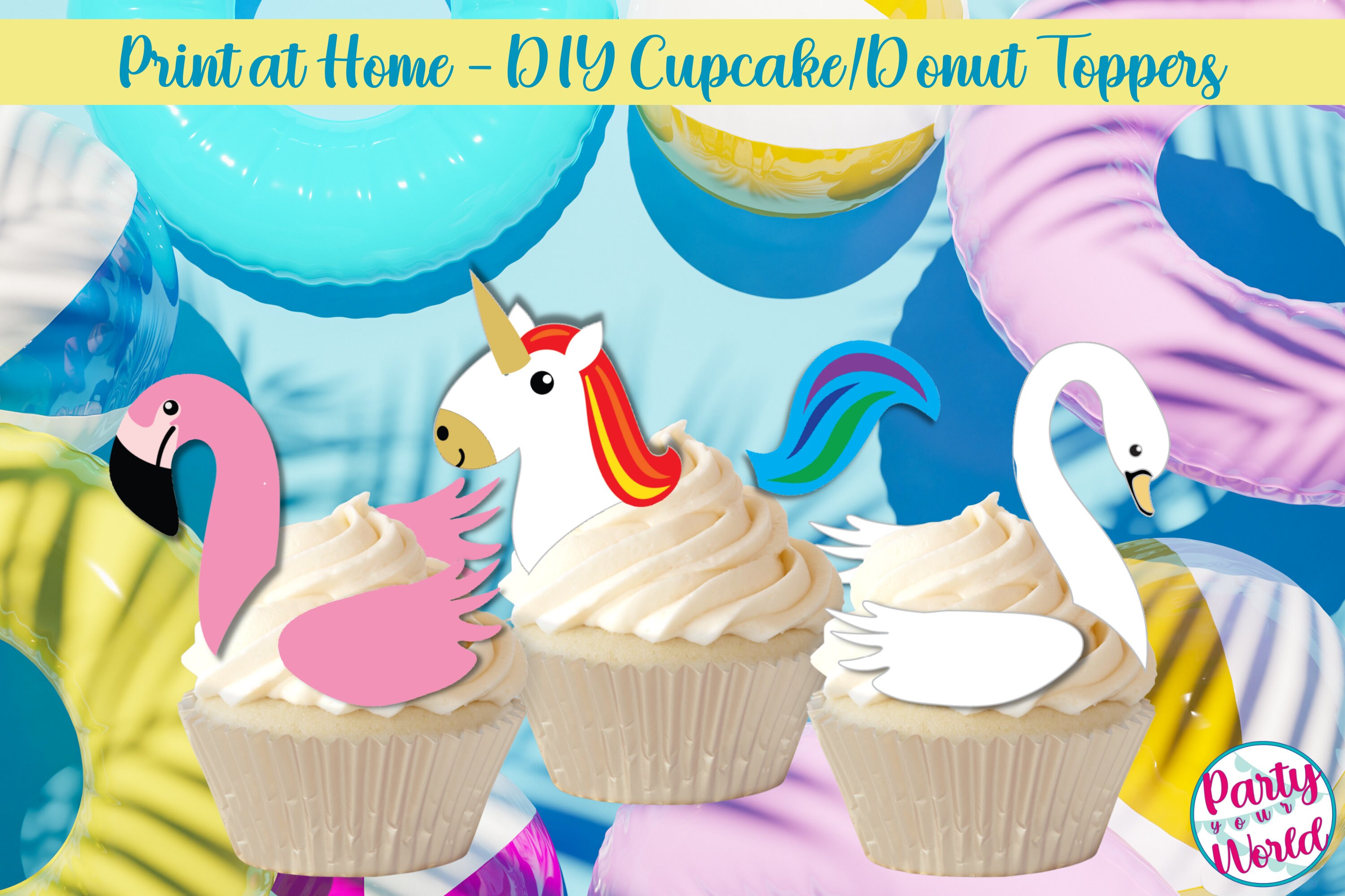 Pool Float Donut Toppers, Instant DIGITAL Summer Party Cupcake Toppers ...