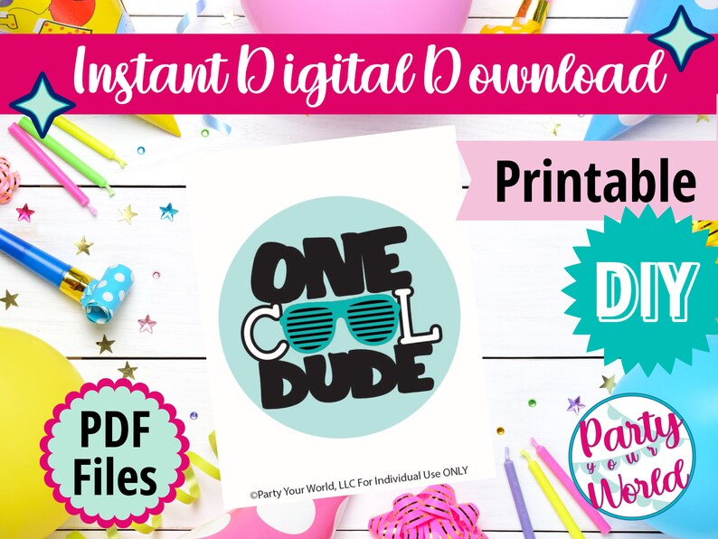 Printable One Cool Dude Cake Topper, Instant Digital Download Teal Cool ...