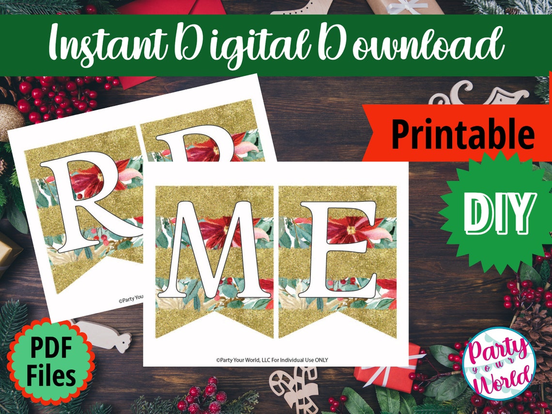 Printable Christmas Banner , Instant Digital Download Merry Christmas ...