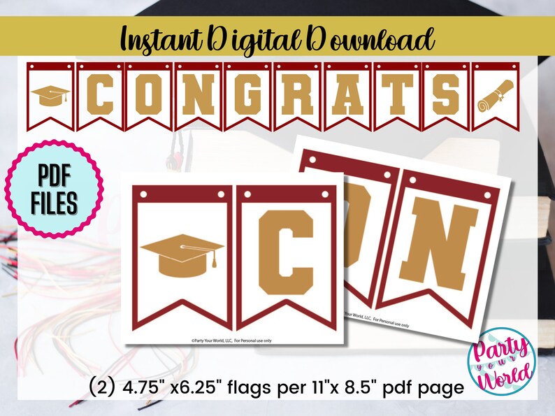 Printable DIY Maroon & Gold congrats Graduation Banner, Instant Digital ...