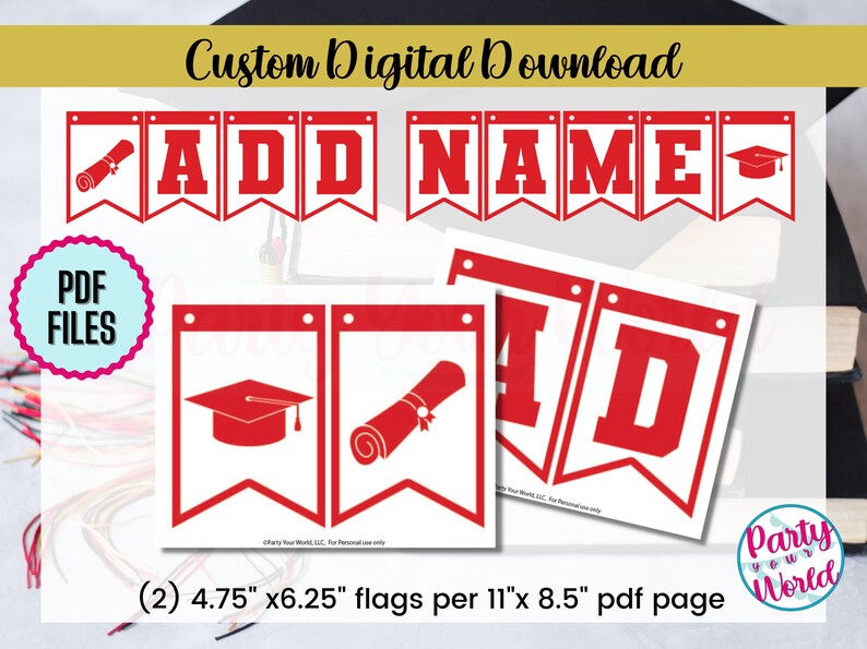 Printable DIY Red & White Custom Name Graduation Banner, Made-to-order ...