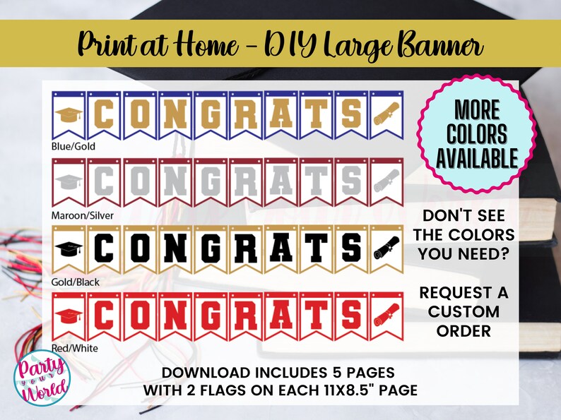Printable DIY Red & White congrats Graduation Banner, Instant Digital ...