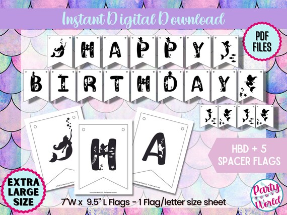 PRINTABLE Happy Birthday Mermaid Banner Instant DIGITAL | Etsy
