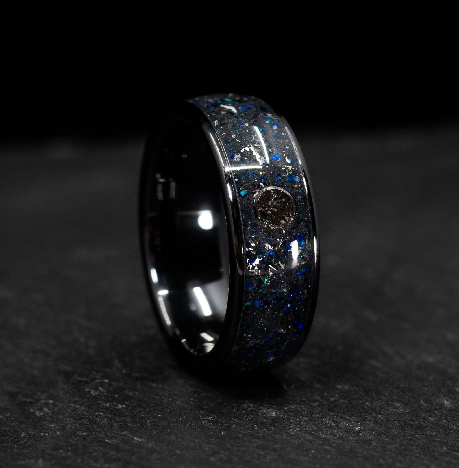 Real Moon Rock, Meteorite, Obsidian and Opal Ring Blue Eclipse. Custom ...