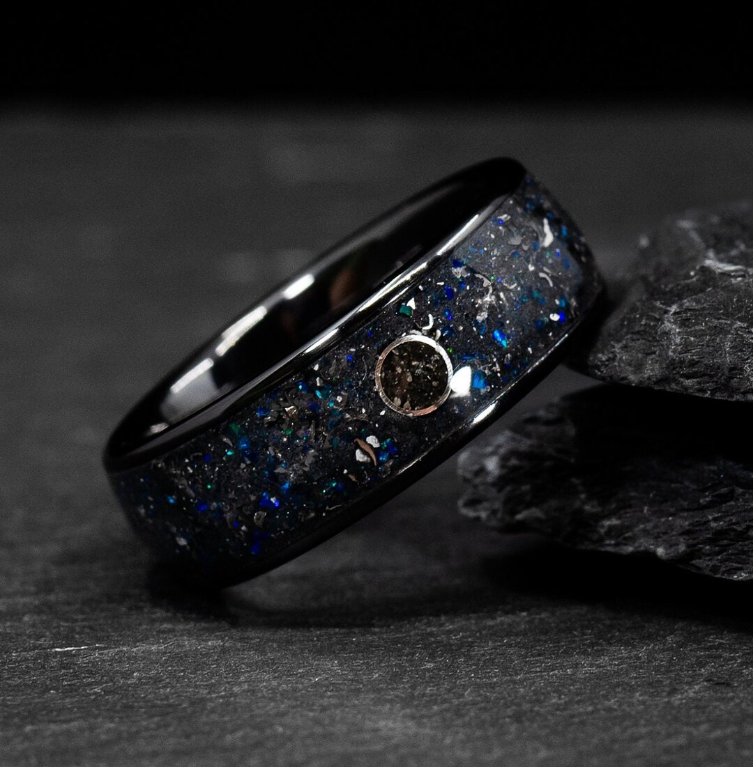 Real Moon Rock, Meteorite, Obsidian and Opal Ring Blue Eclipse. Custom ...