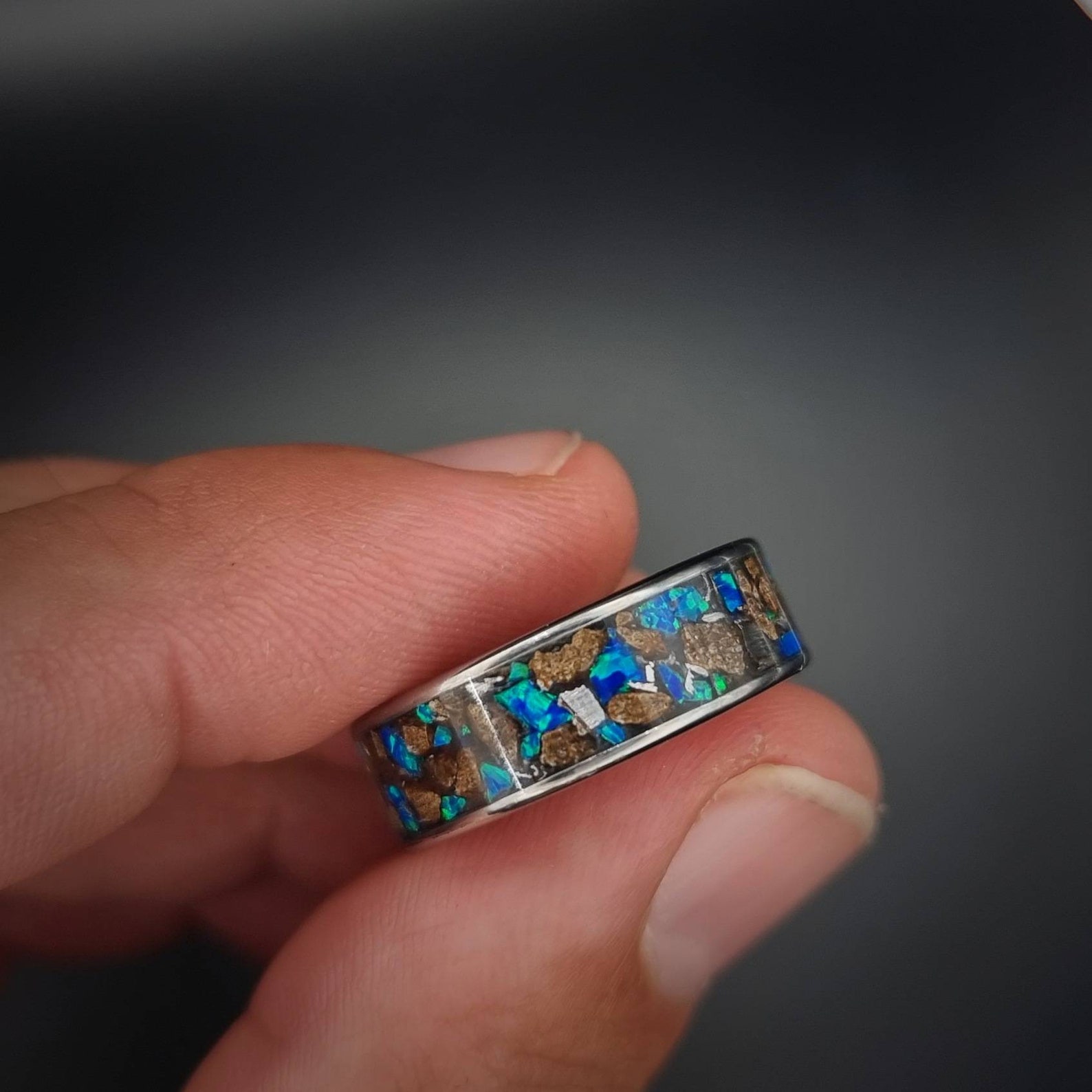 Ichthyosaur Fossil With Meteorite and Blue Opal Ring | Etsy