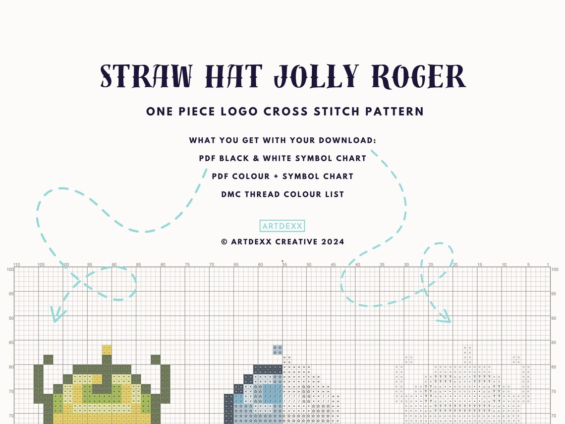 One Piece Logo/straw Hat Jolly Roger Cross Stitch Pattern PDF Instant ...