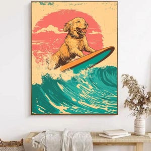 Retro Dog Print: Golden Retriever Surfing, Vintage Style Wall Art ...