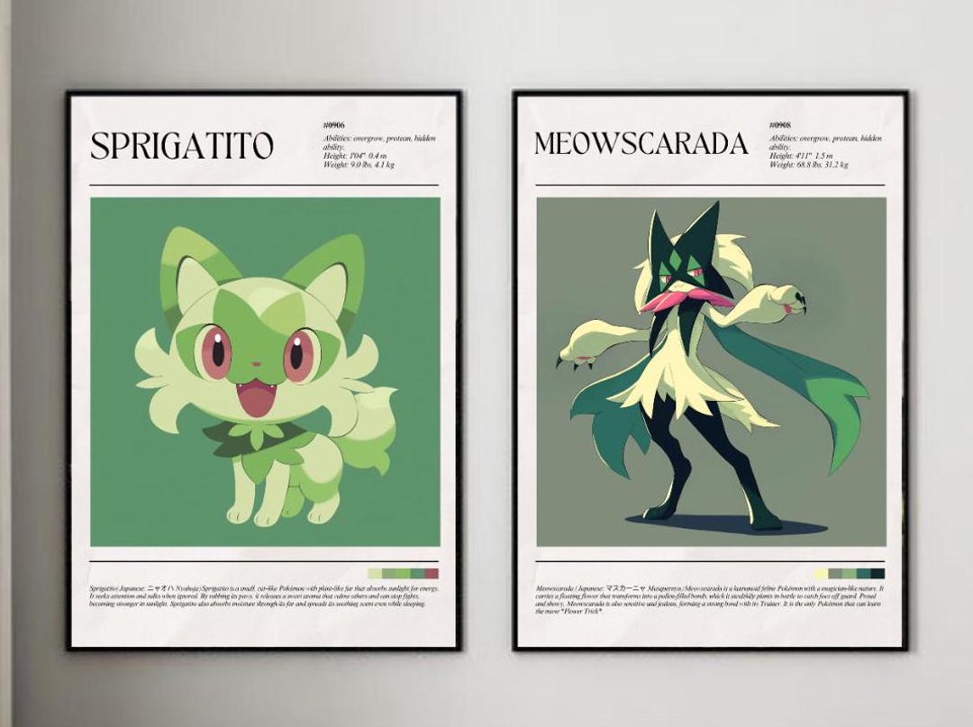 Sprigatito, Meowscarada Pokemon Poster. Wall Art for Living Room ...