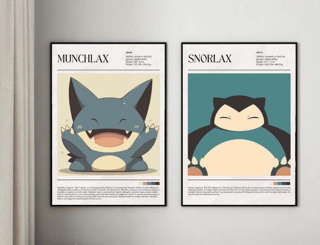 Snorlax, Munchlax Pokemon Poster. Wall Art for Living Room. Gaming ...