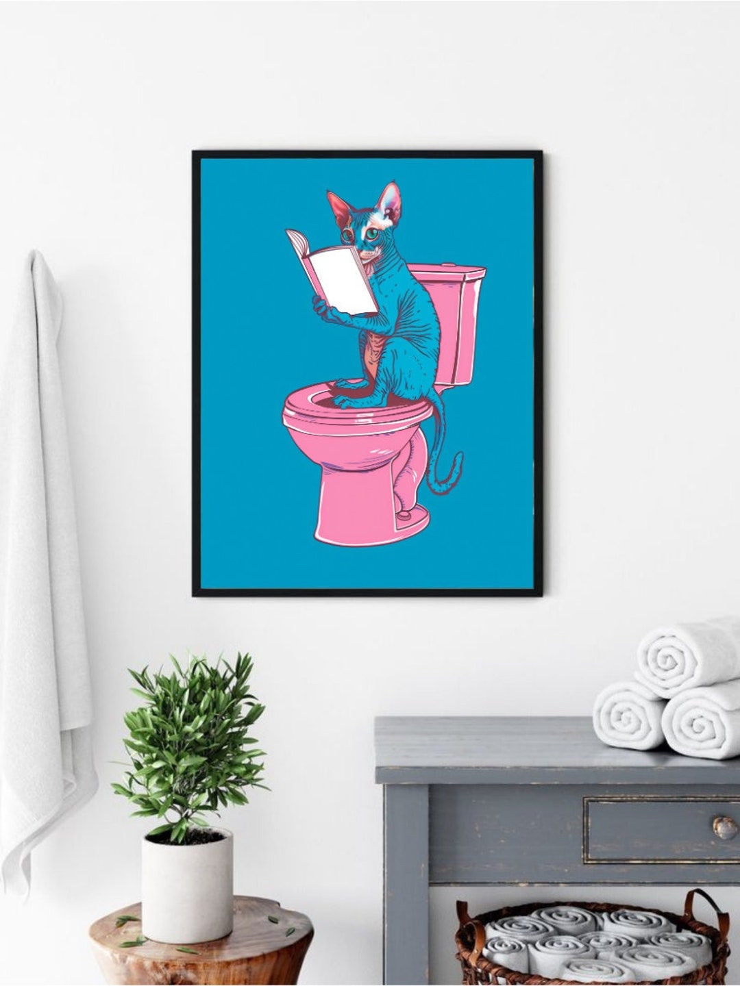 Funny Sphinx Cat Reading on Toilet: Pop Art Bathroom Poster (digital ...