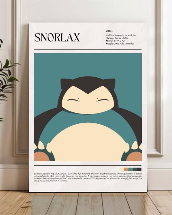 Snorlax, Munchlax Pokemon Poster. Wall Art for Living Room. Gaming ...