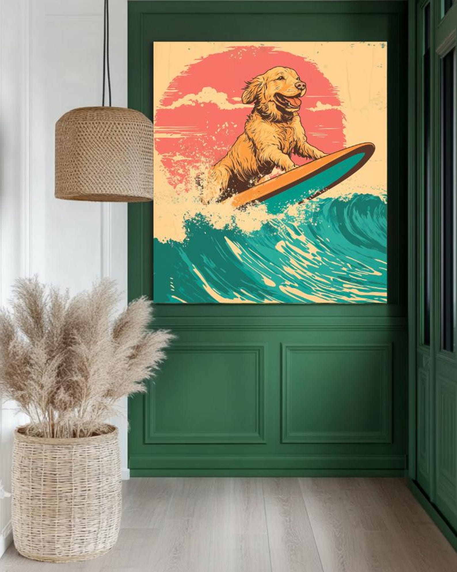 Retro Dog Print: Golden Retriever Surfing, Vintage Style Wall Art ...