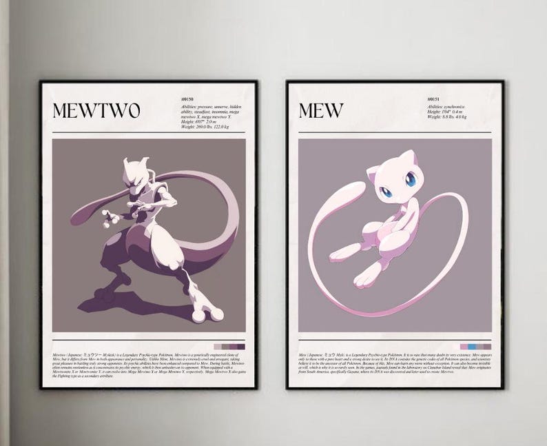 Mewtwo Poster, Mew Pokemon Poster, Legendary Pokemon Wall Art, Anime ...