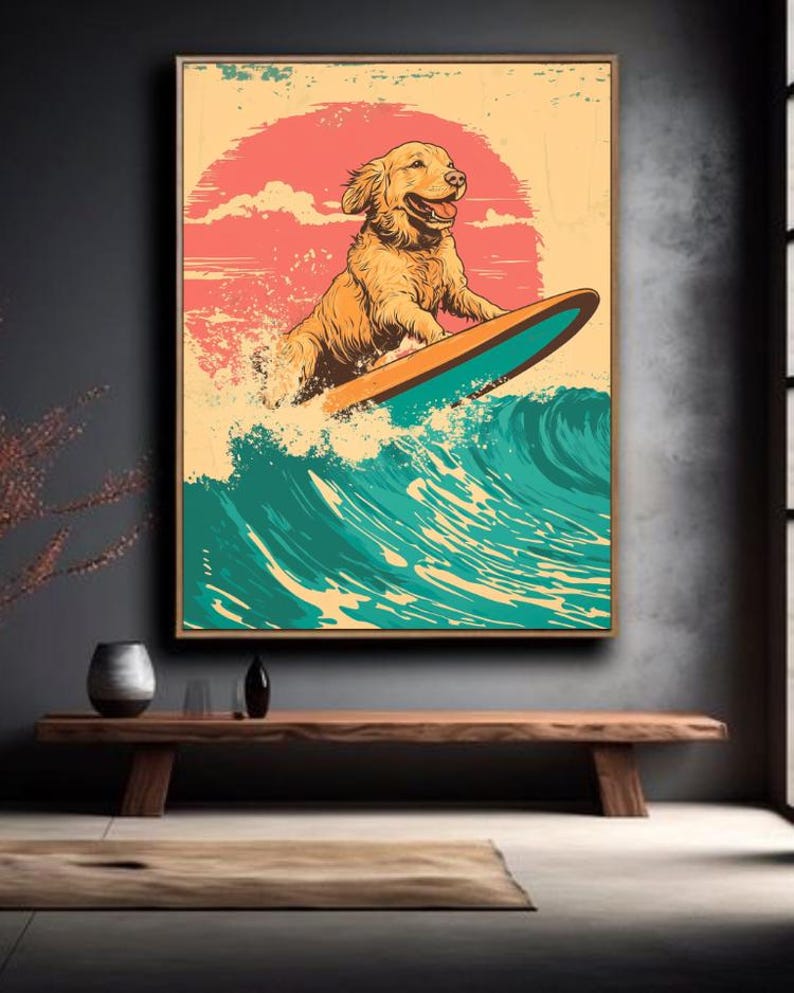 Retro Dog Print: Golden Retriever Surfing, Vintage Style Wall Art ...