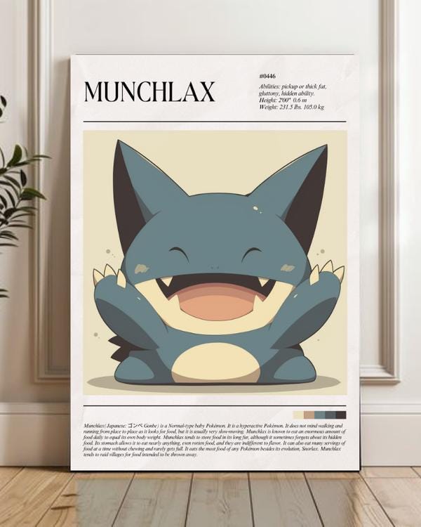 Snorlax, Munchlax Pokemon Poster. Wall Art for Living Room. Gaming ...