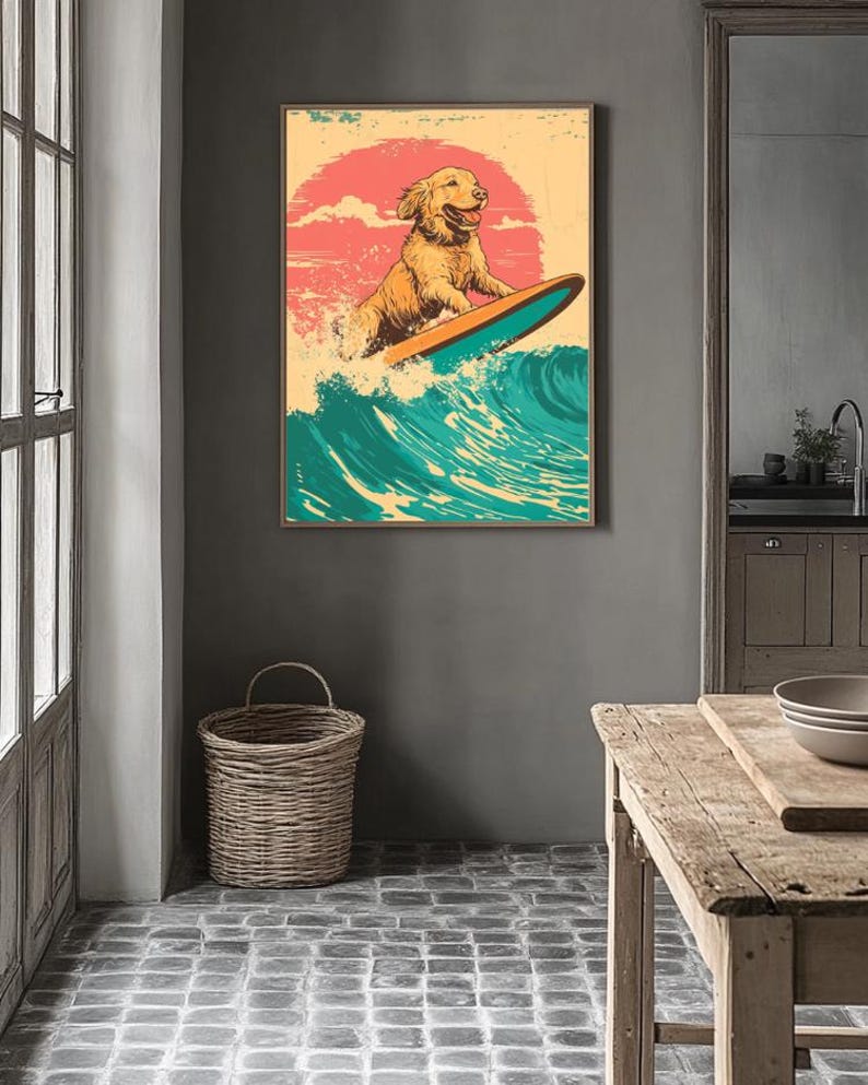 Retro Dog Print: Golden Retriever Surfing, Vintage Style Wall Art ...