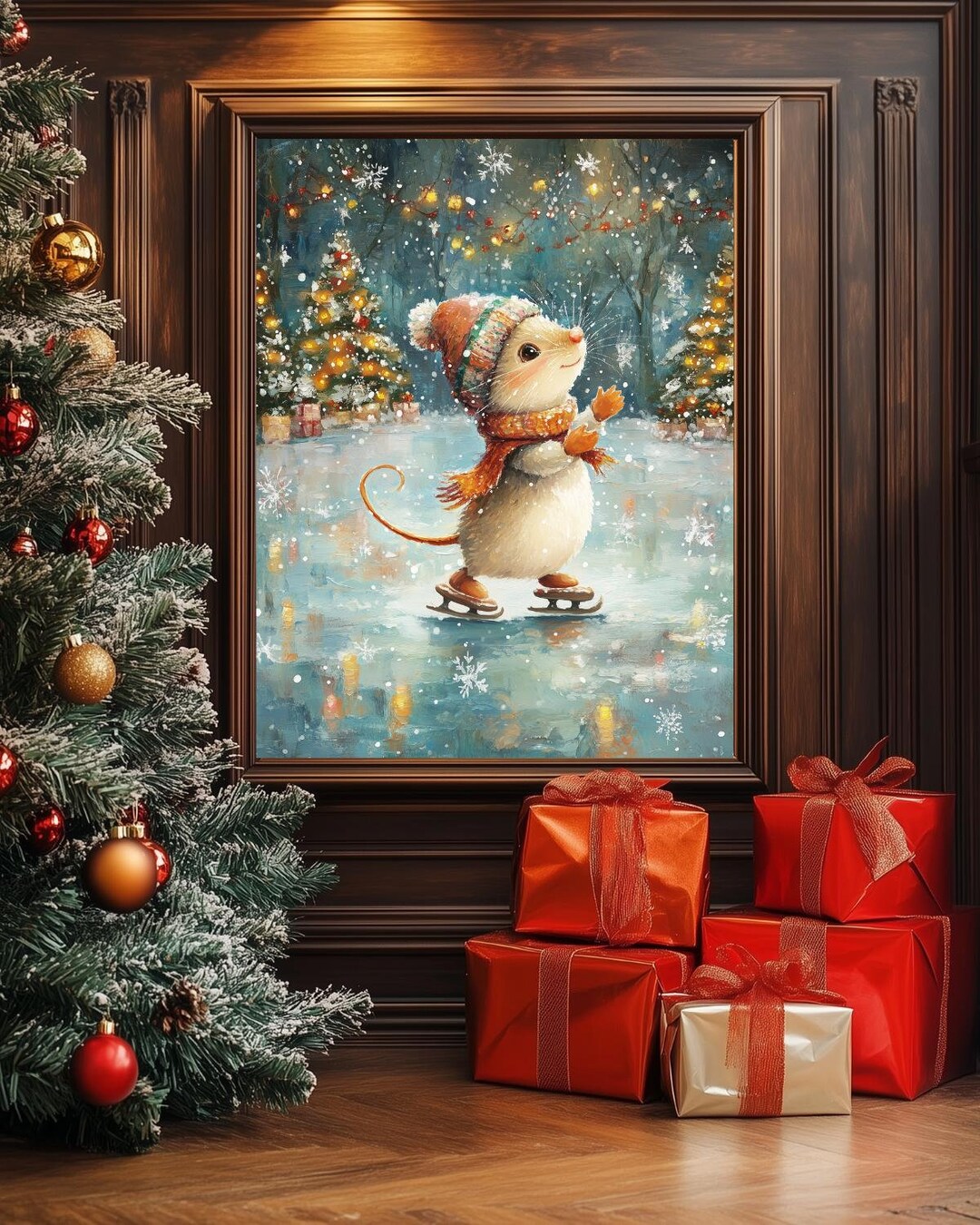 Mouse Christmas Art Print | Retro Oil Painting, Winter Scarf (digital ...