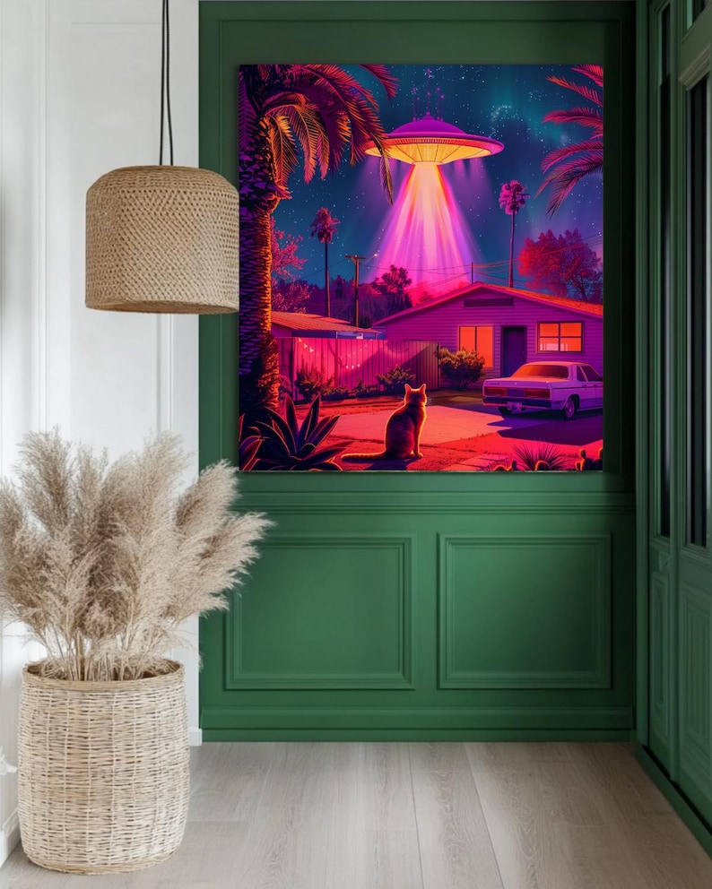 Vintage Neon Poster With Cat and UFO — Retro-futuristic Home Decor and ...