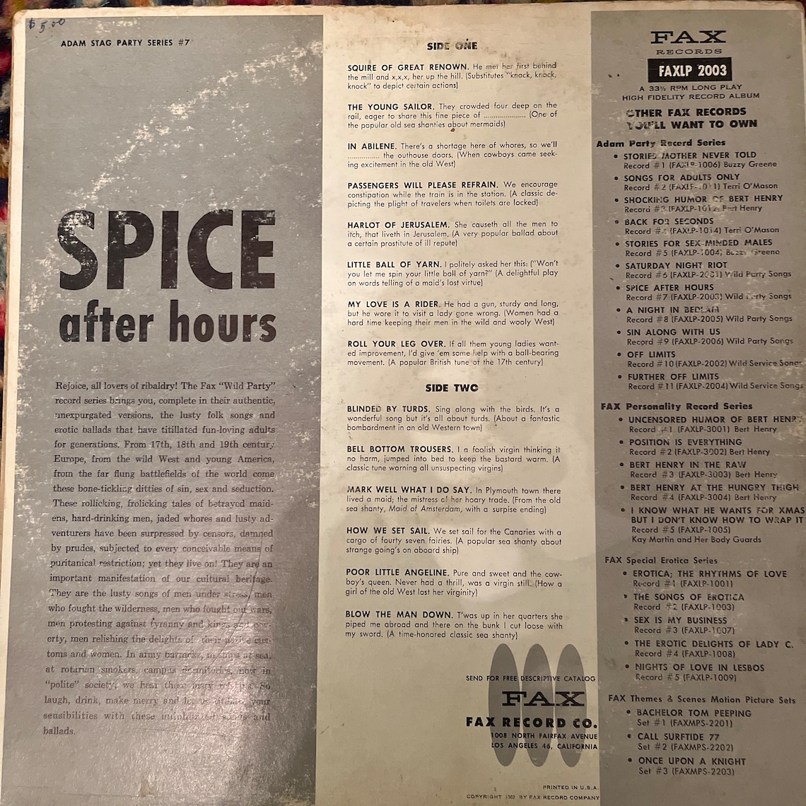 Adam Stag Party Record Cheesecake Cover #7 Spice After Hours Rare ...