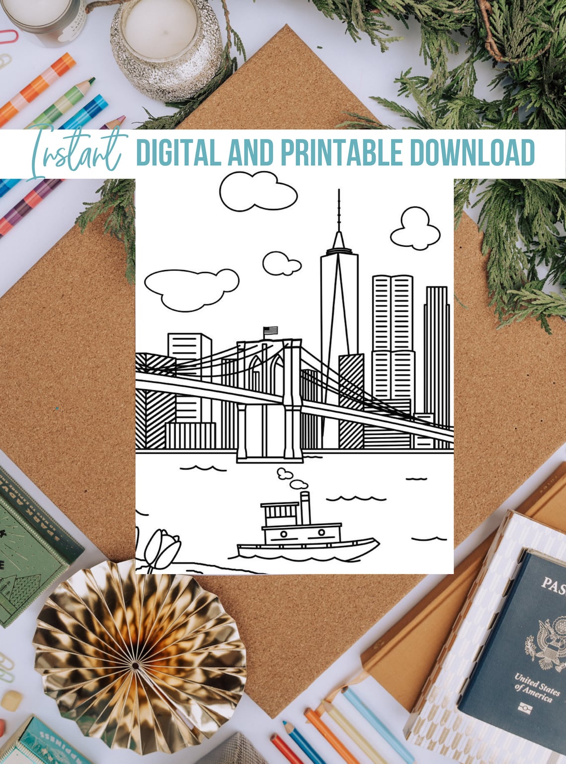 New York Brooklyn Bridge City Coloring Page - Etsy