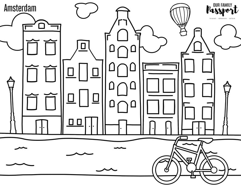 Amsterdam Coloring Page, Printable Amsterdam Travel Coloring Page ...