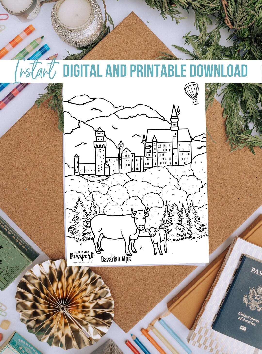 Neuschwanstein Castle Learning Coloring Page | Both Digital and ...