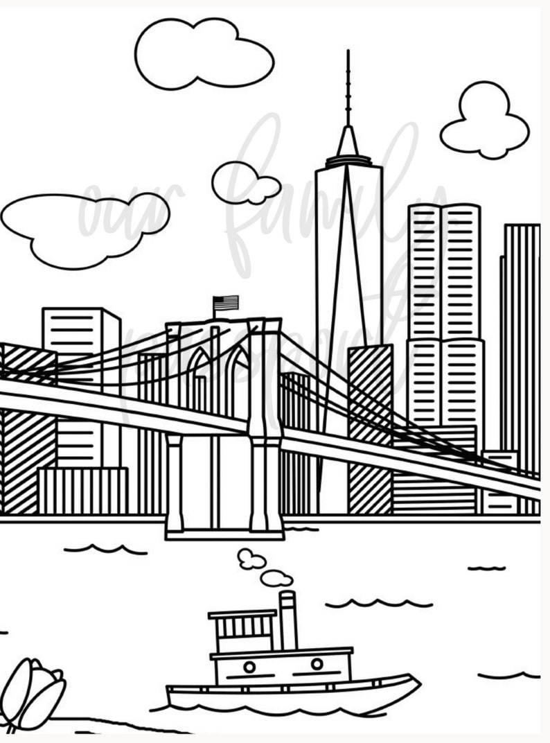 New York Brooklyn Bridge City Coloring Page - Etsy