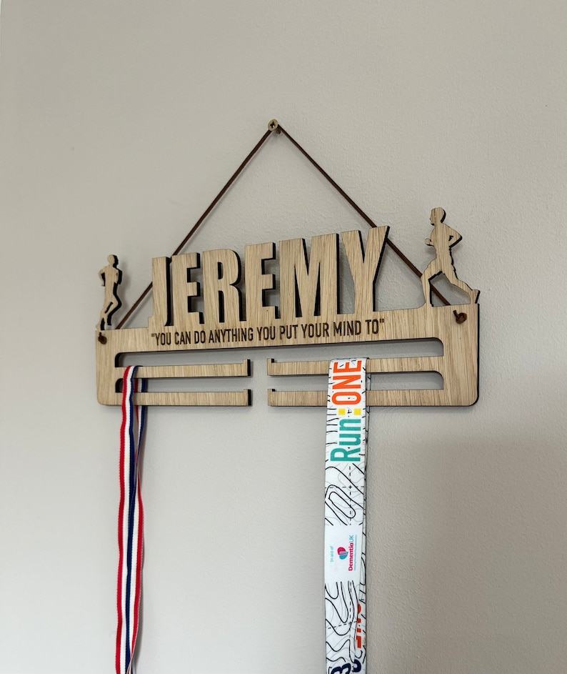 Personalised Running Medal Hanger: Engraved Oak Veneer Display , Wood ...