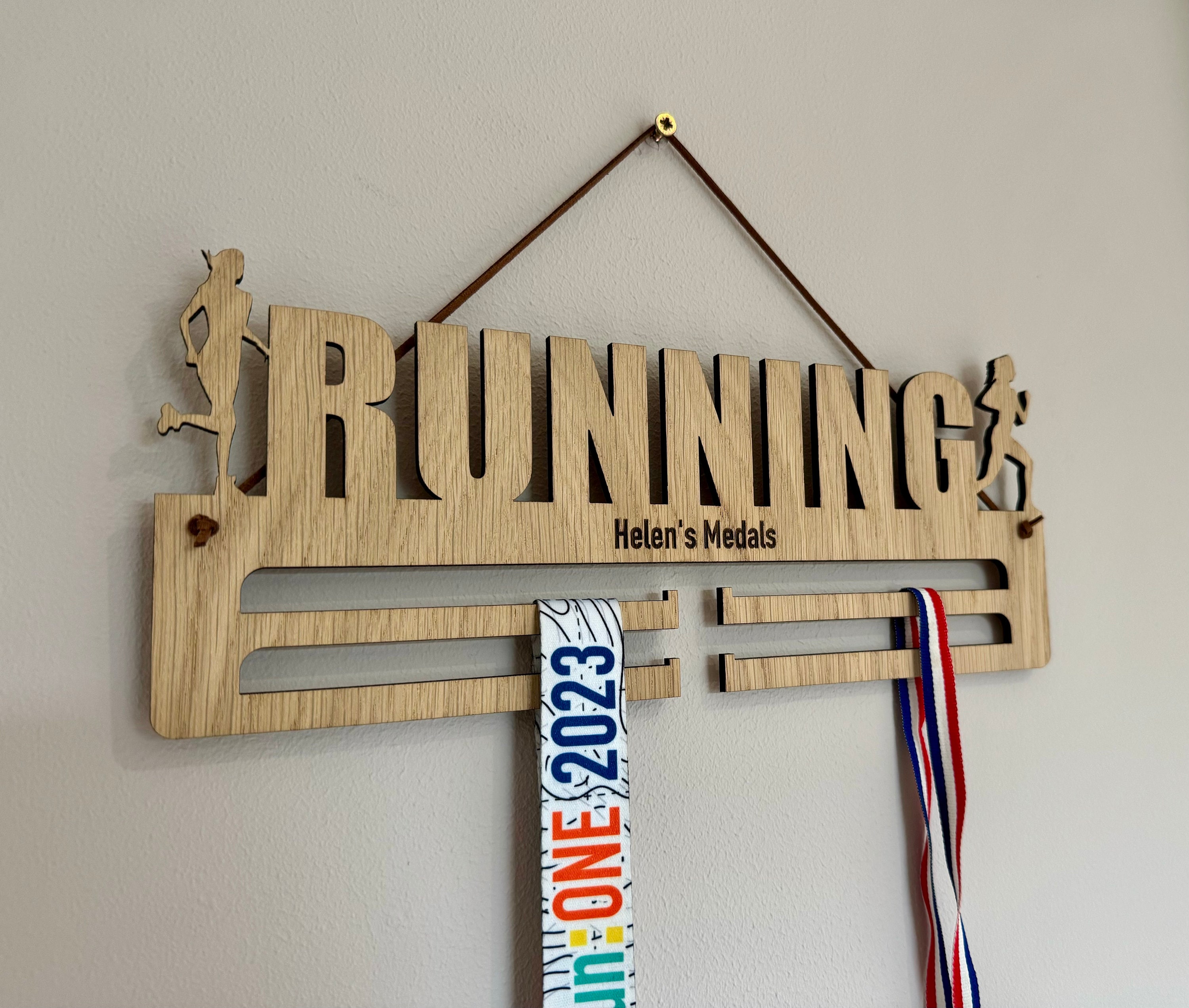 Personalised Running Medal Hanger: Engraved Oak Veneer Display , Wood ...