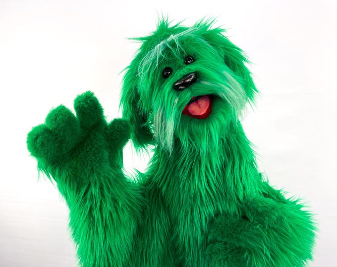 Professional Furry Dog Hand Puppet - Lovable Big Green Dog W/ Sack Body ...