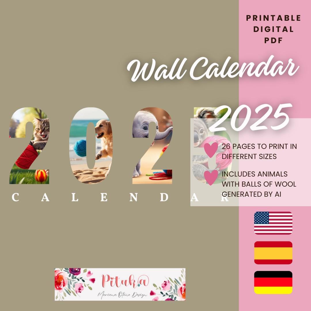 2025 Wall Calendar - Wall Almanac With Photos of Animals With Balls of ...
