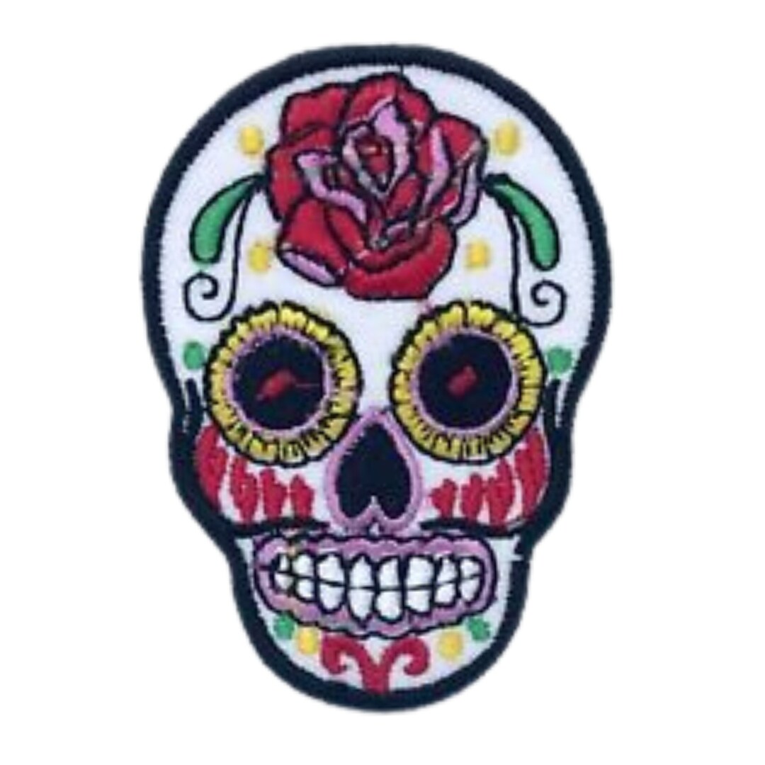 Skull With Flowers Embroidery Patches Iron on Sew on Jackets Bikers ...