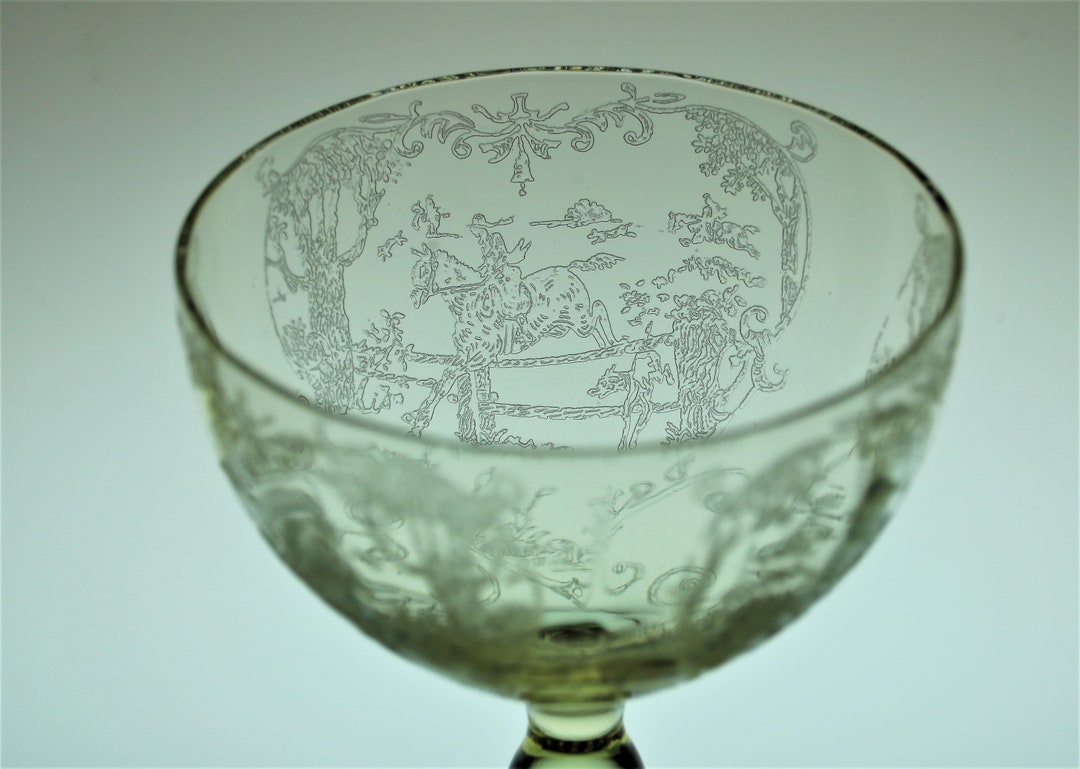 The Hunt Aka Hunting Heart Etch, on a Topaz, Lancaster Saucer Champagne ...