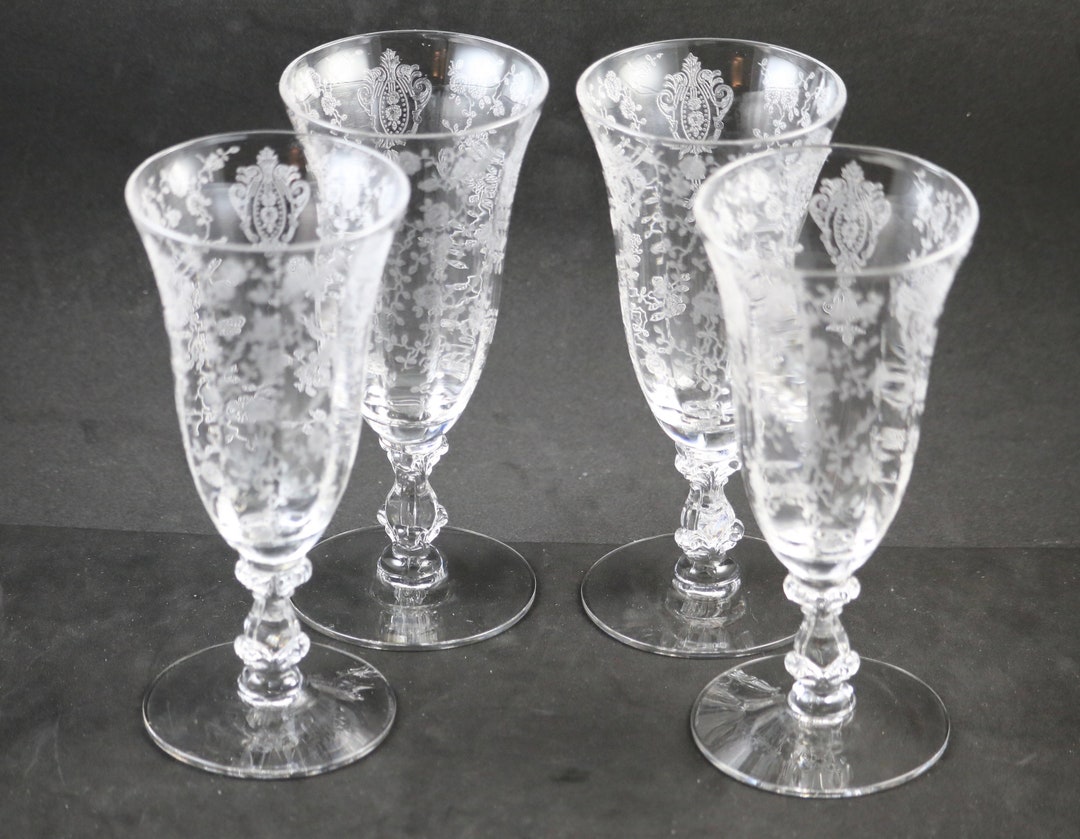 Set of 4, Cambridge, Rose Point Etch, Line No. 3121, Footed Juice Tumbler, Made 1936-53 2 Sets ...