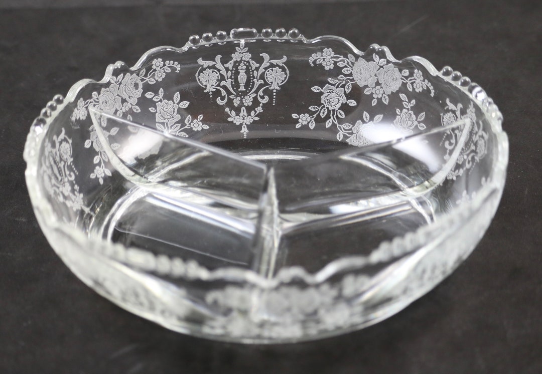 Tiffin, Cherokee Rose Etched, 3 Part Round Relish Dish, 6 1/2" Across ...