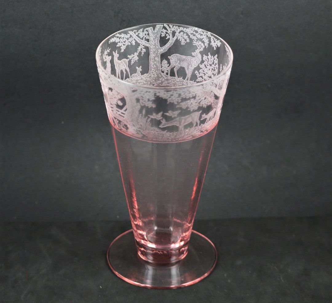 Deerwood Aka Birch Tree, Pink, Footed, 6", Tumbler, Made by US Glass Co ...