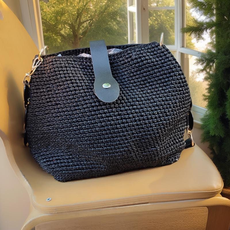 Hand Knitted Tote Bag , Shoulder Bag , Handmade Knitted Bag , Black ...