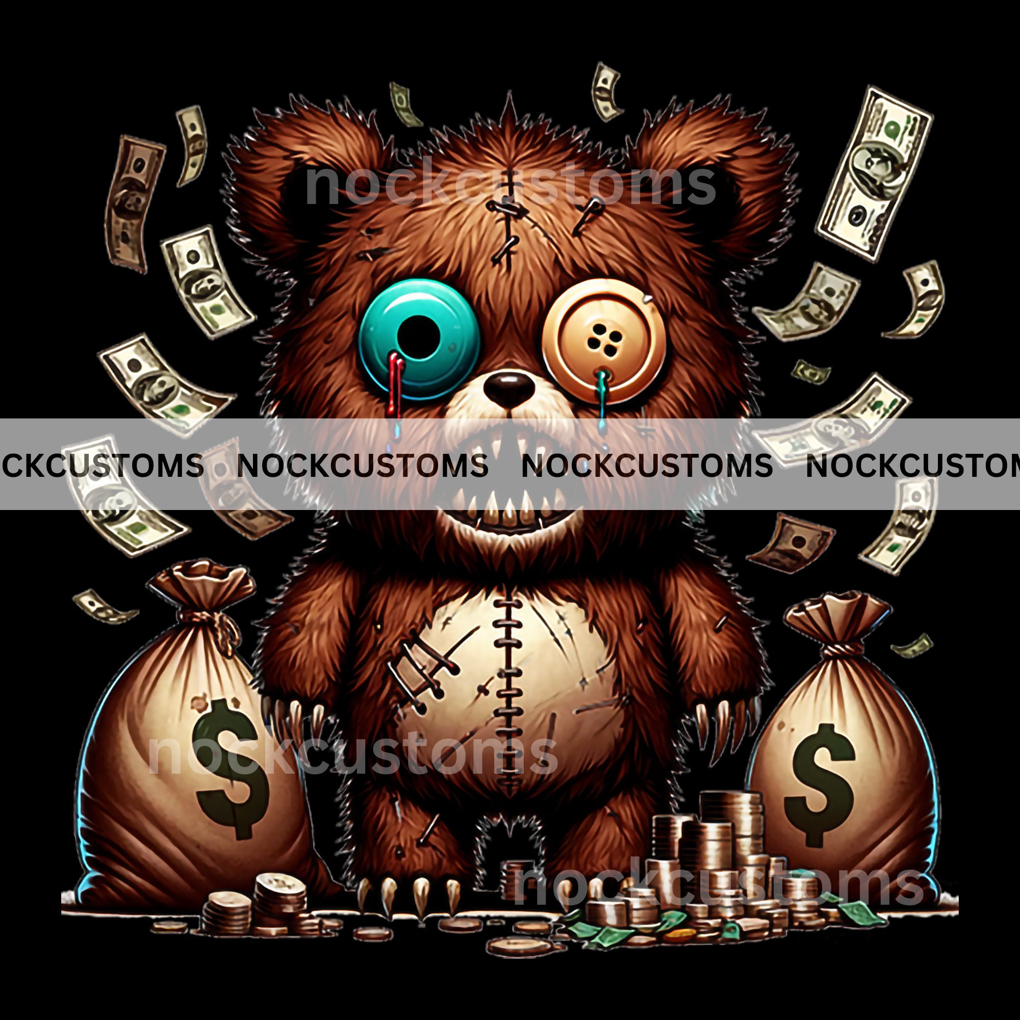 Button-eyed Teddy Bear Art Print With Money Bags (digital Download) - Etsy