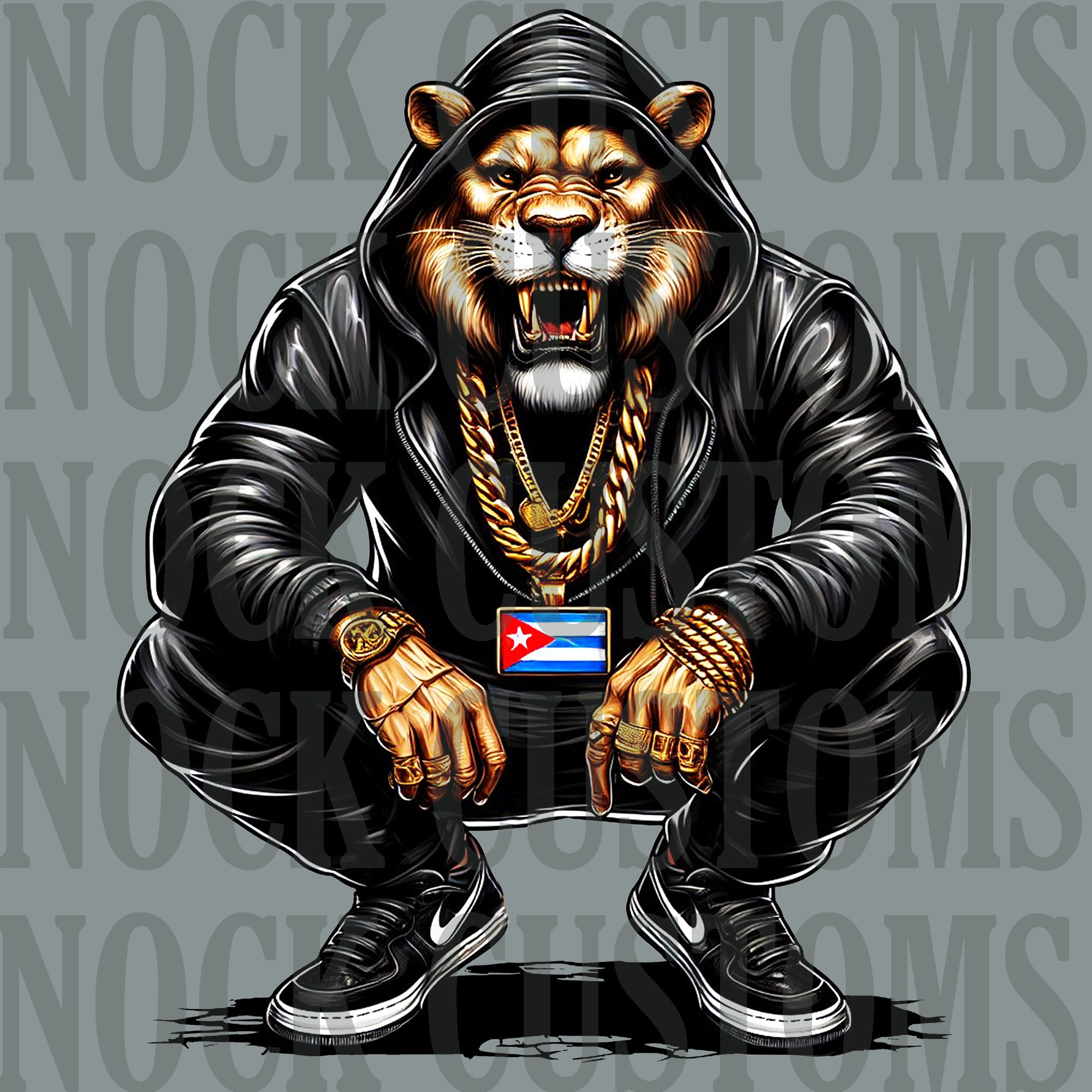 Cuban Urban Lion T-shirt Design: Animated Lion With Hoddie, Gold Teeth ...