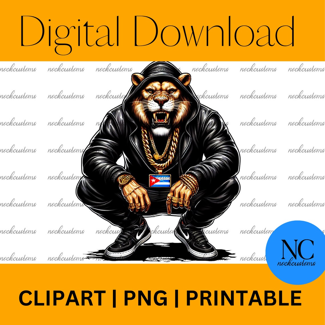 Cuban Urban Lion T-shirt Design: Animated Lion With Hoddie, Gold Teeth ...