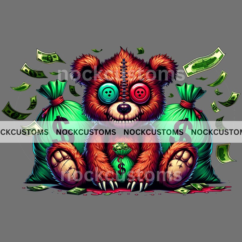 Riches-themed Teddy Bear Art Print, Colorful Money Bags Bear ...