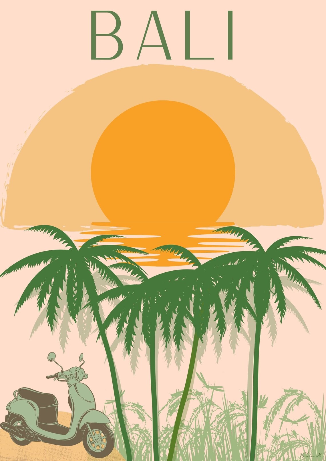 Beach Bali Travel Poster Original Design Artwork Art Deco Palm Trees ...