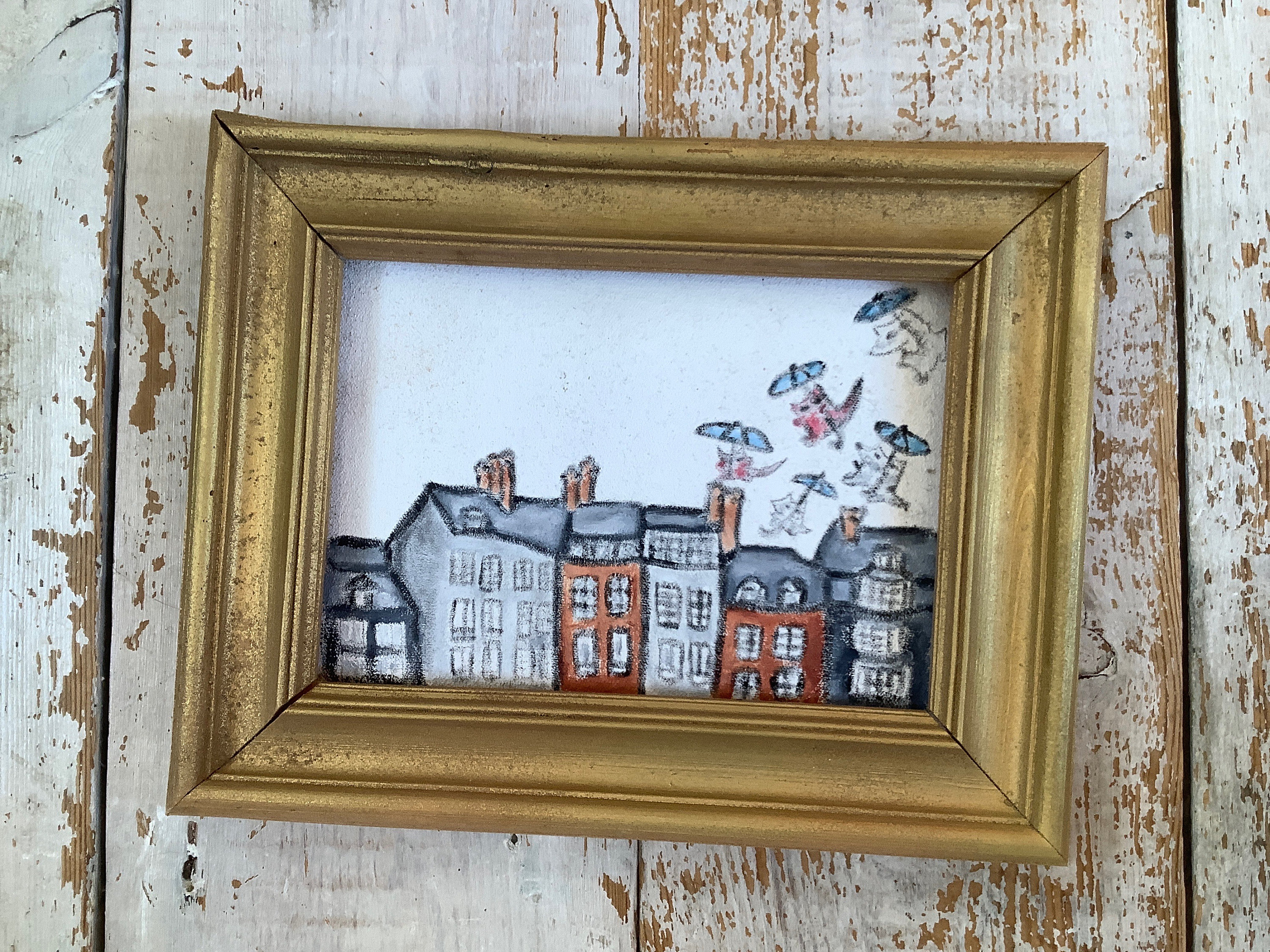 Raining Cats and Dogs Original Art in a Cute Village Wooden Framed - Etsy