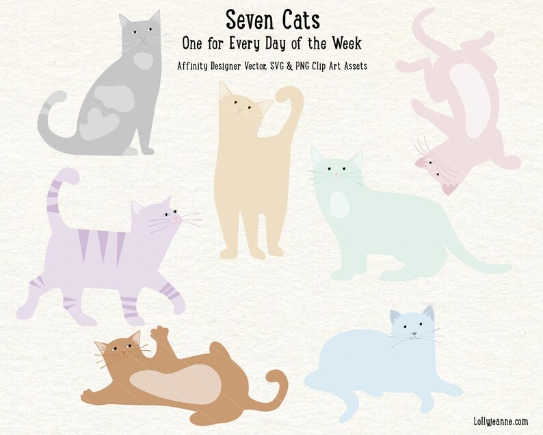 Seven Cats Clip Art Set Affinity Designer Vector, SVG Vector & PNG - Etsy