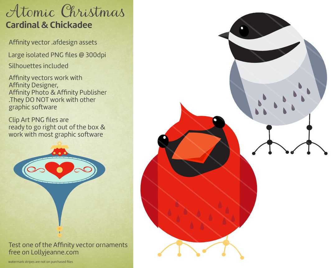 Mid Century Atomic Christmas Cardinal and Chickadee Affinity Designer ...